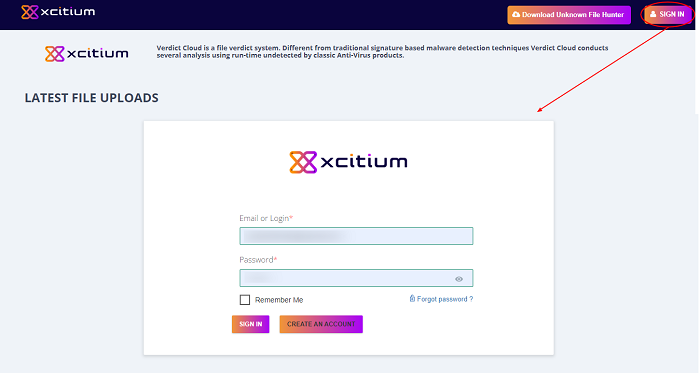 Log Into Verdict, Xcitium Verdict, Online Scanning System, Xcitium